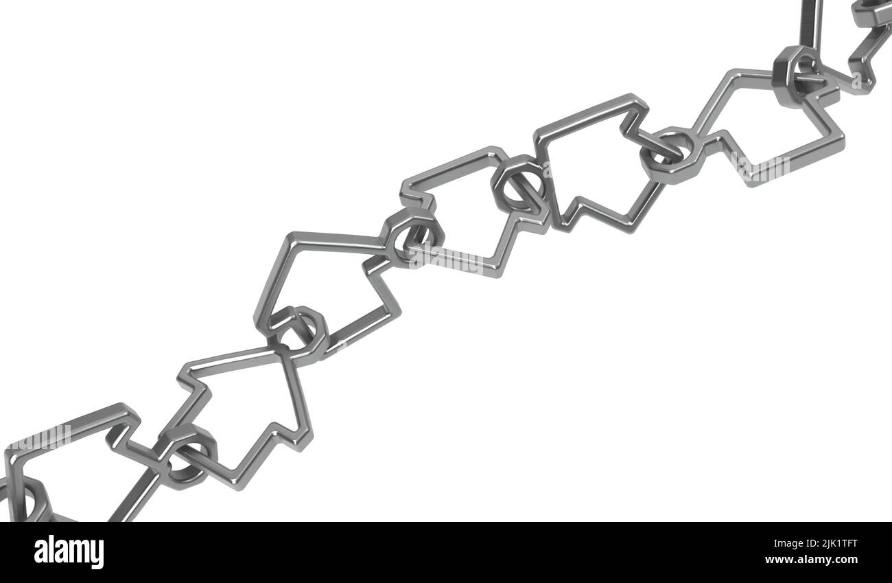 Chain house shape links connected, dark grey metal 3d illustration ...