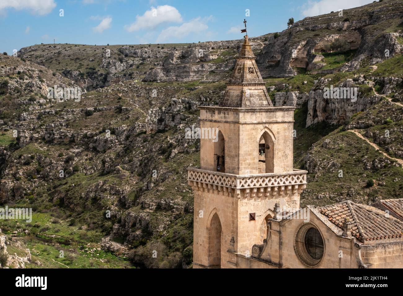 Belfry of church of Saint Peter Caveoso in historic downtown Matera ...