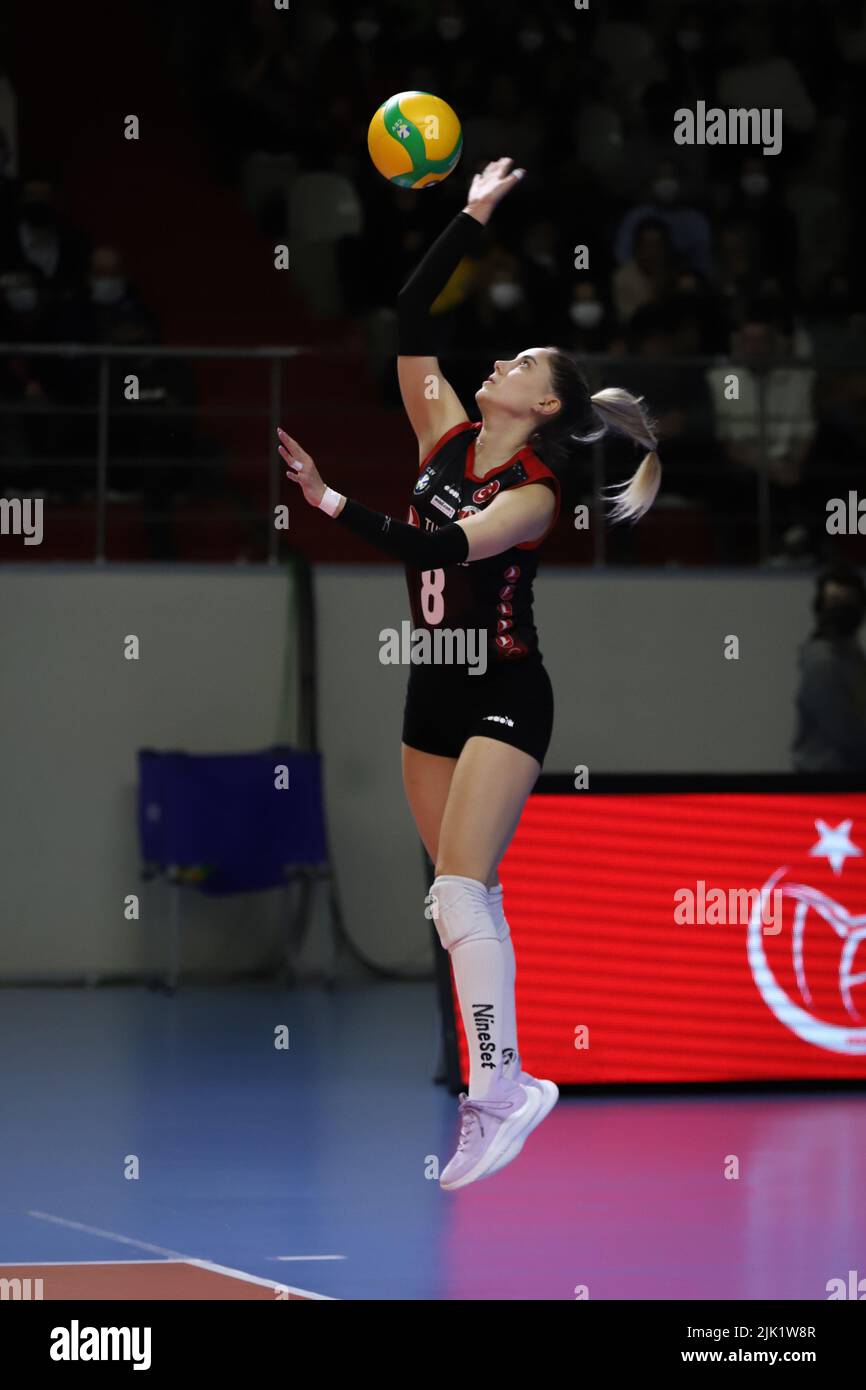 ISTANBUL, TURKEY - FEBRUARY 02, 2022: Ada Germen serves during Turk ...