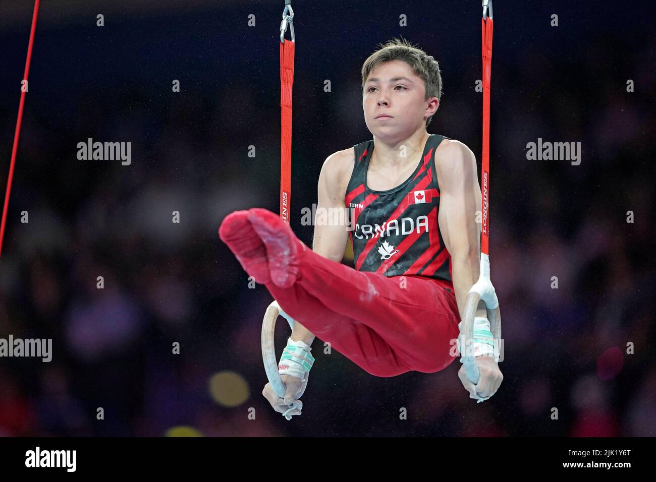 Canada's Mathys Jalbert in action during his rings rotation of the Men's Team Final and ...