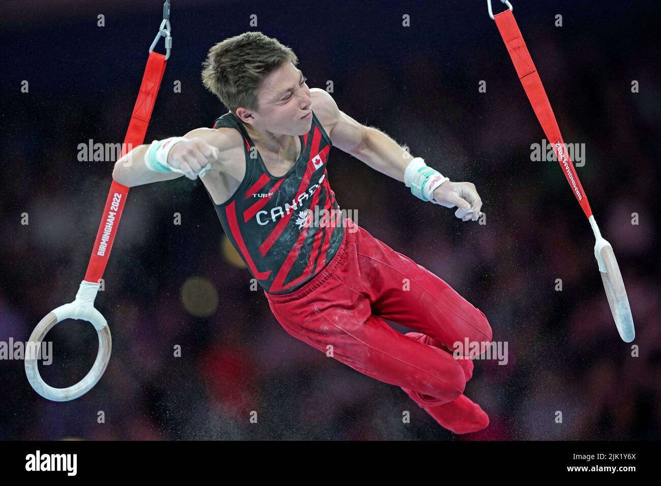 Canada's Mathys Jalbert in action during his rings rotation of the Men's Team Final and ...
