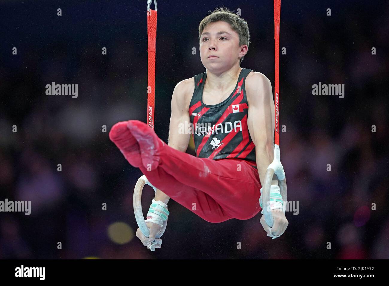 Canada's Mathys Jalbert in action during his rings rotation of the Men's Team Final and ...