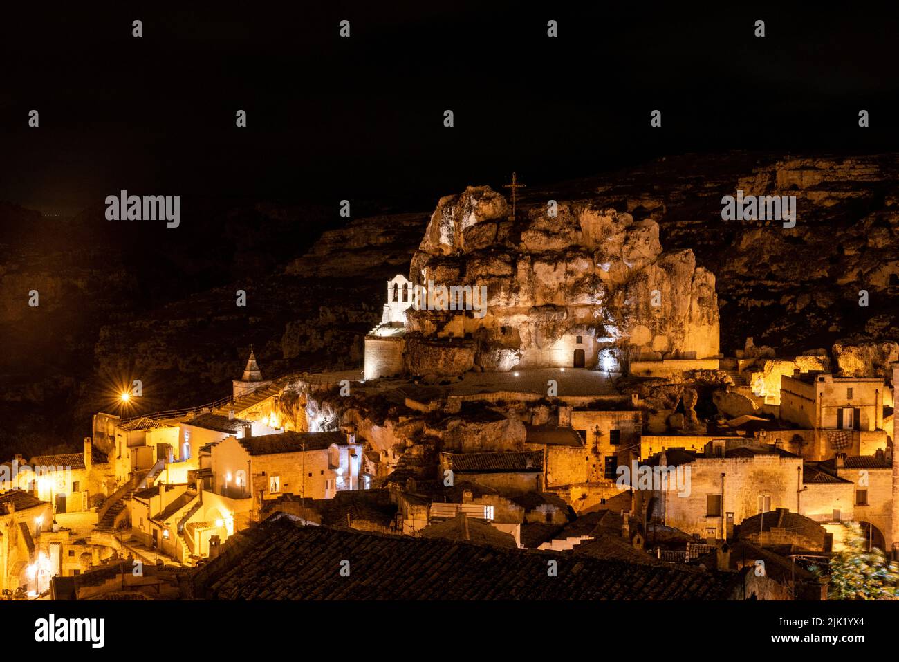 Famous cave church Saint Mary of Idris in Matera at night, Italy Stock ...