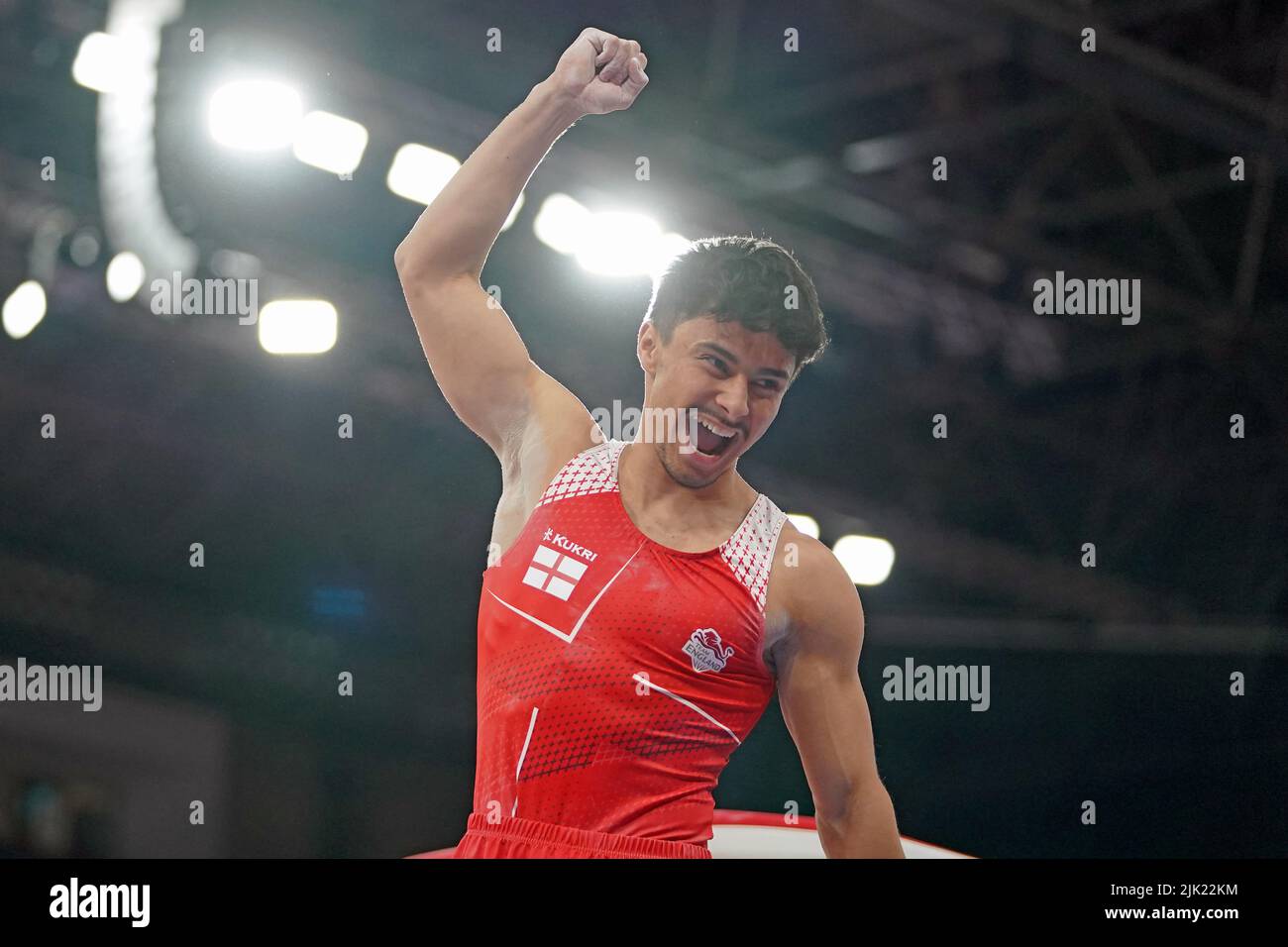England's Jake Jarman celebrates after his vault rotation of the Men's ...