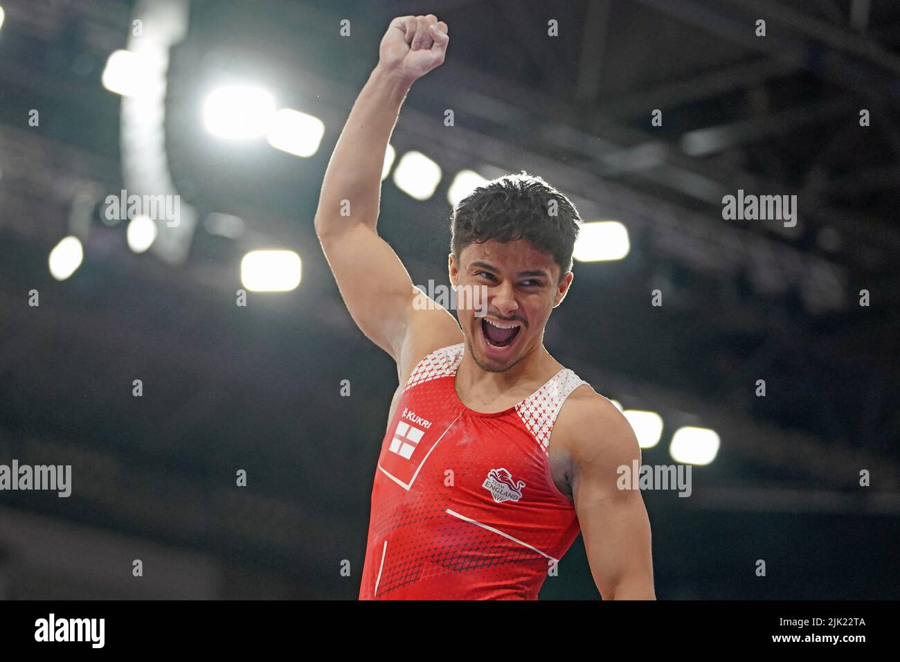 England's Jake Jarman celebrates after his vault rotation of the Men's ...
