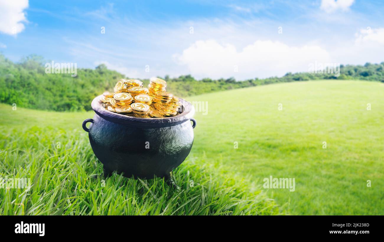 Pot with gold coins on a rainbow /3D Render, illustration Stock Photo ...