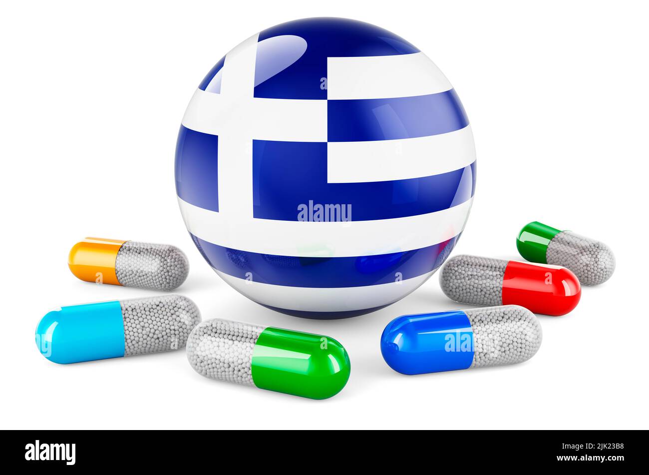 Pills capsule with Greek flag. 3D rendering isolated on white ...