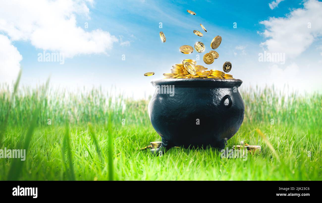 Pot with gold coins on the grass /3D Render, illustration Stock Photo ...
