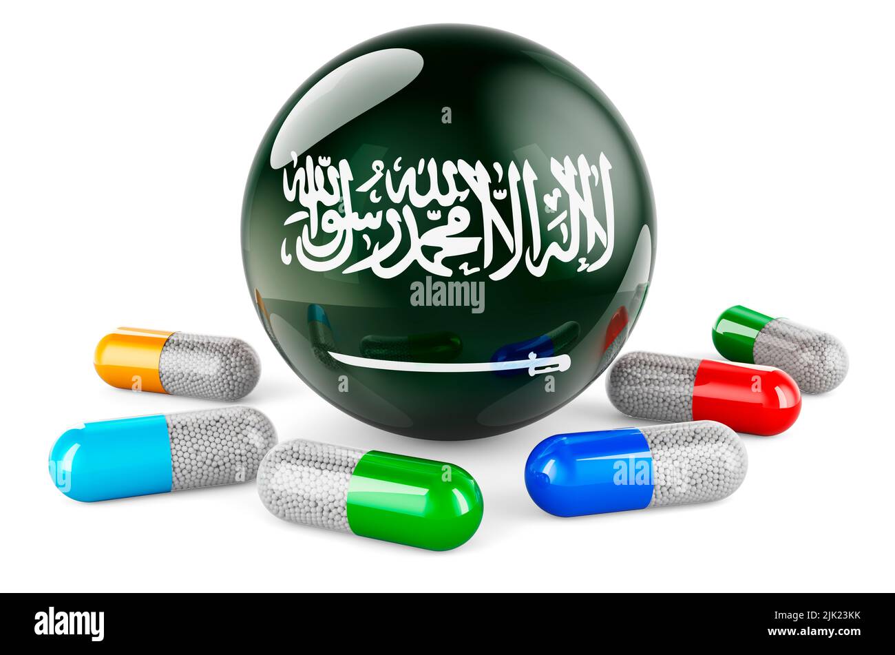 Pills capsules with Saudi Arabian flag. 3D rendering isolated on white ...