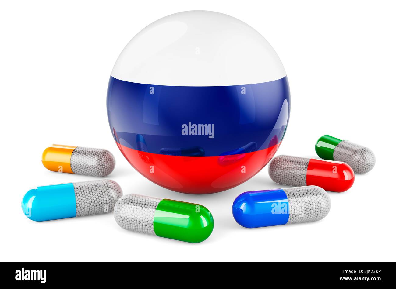 Pills capsules with Russian flag. 3D rendering isolated on white ...
