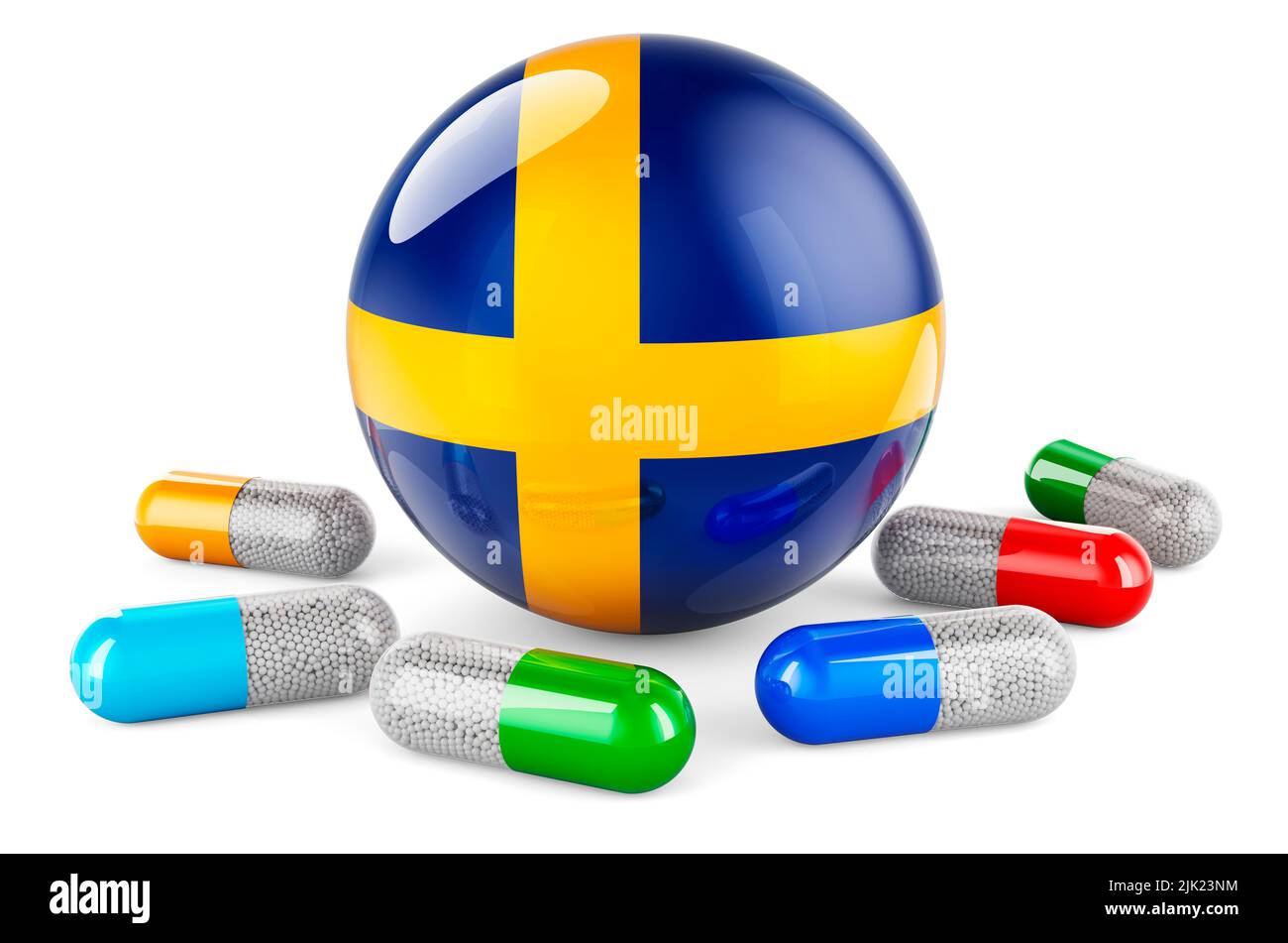 Pills capsules with Swedish flag. 3D rendering isolated on white ...