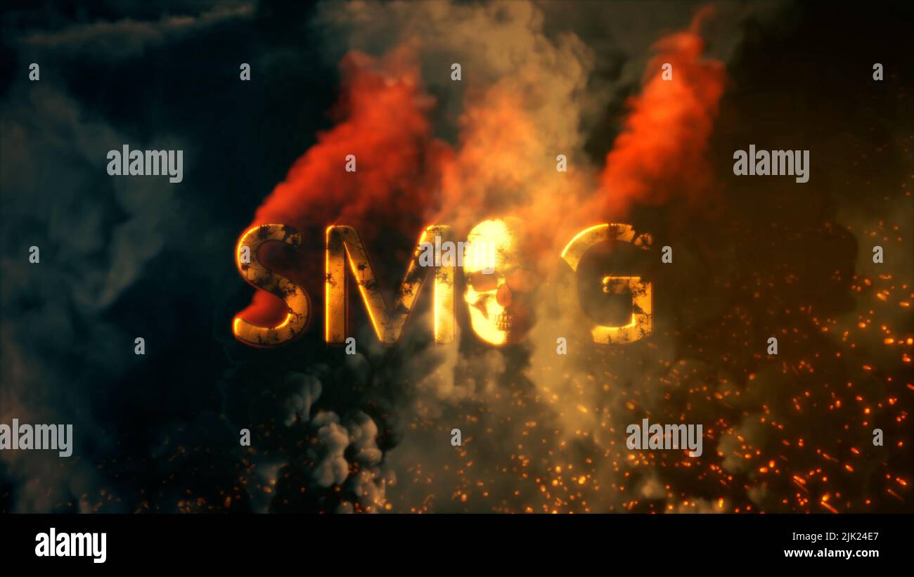 Text smog with skull burning on dark smoke backdrop - industrial 3D ...