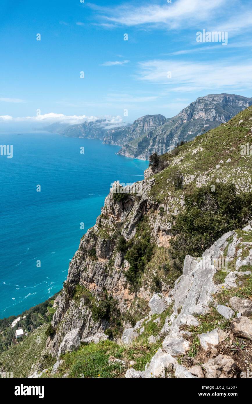 Shoreline of the scenic Amalfi coast from the path of the Gods, Italy ...