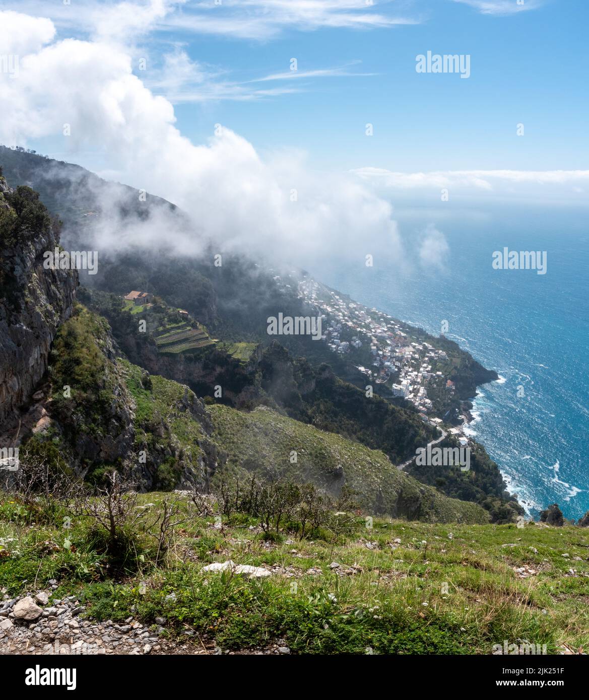Shoreline of the scenic Amalfi coast from the path of the Gods, Italy ...