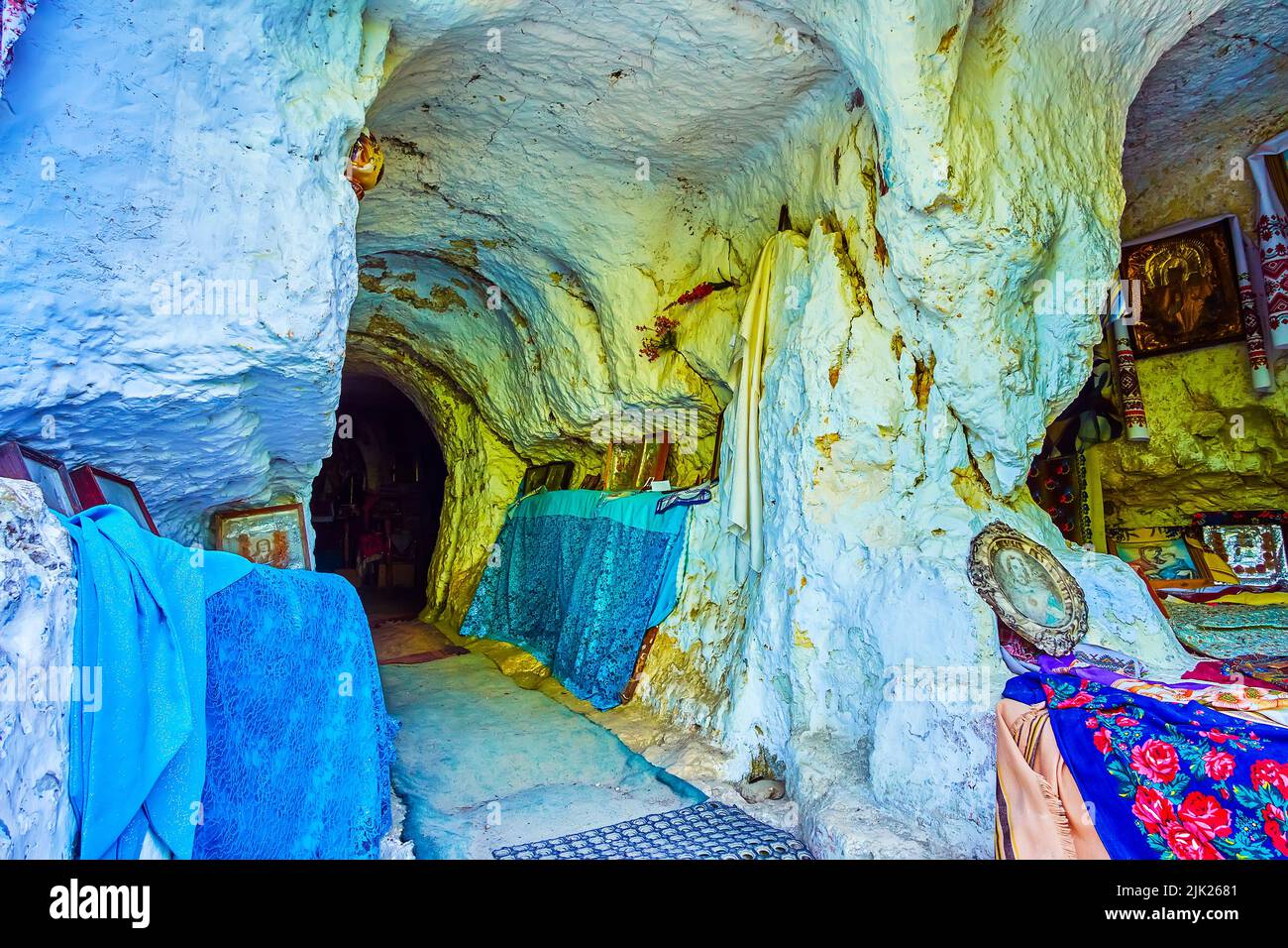 The tiny cave chapel with icons of Bakota Cave Monastery complex ...