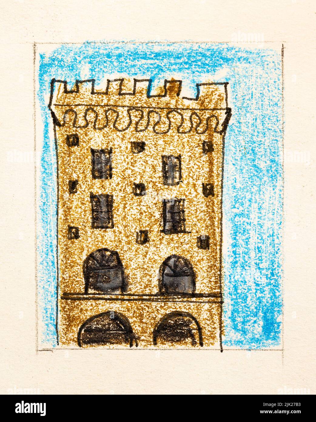sketch of tower in Florence city hand-drawn with color pencils and ...