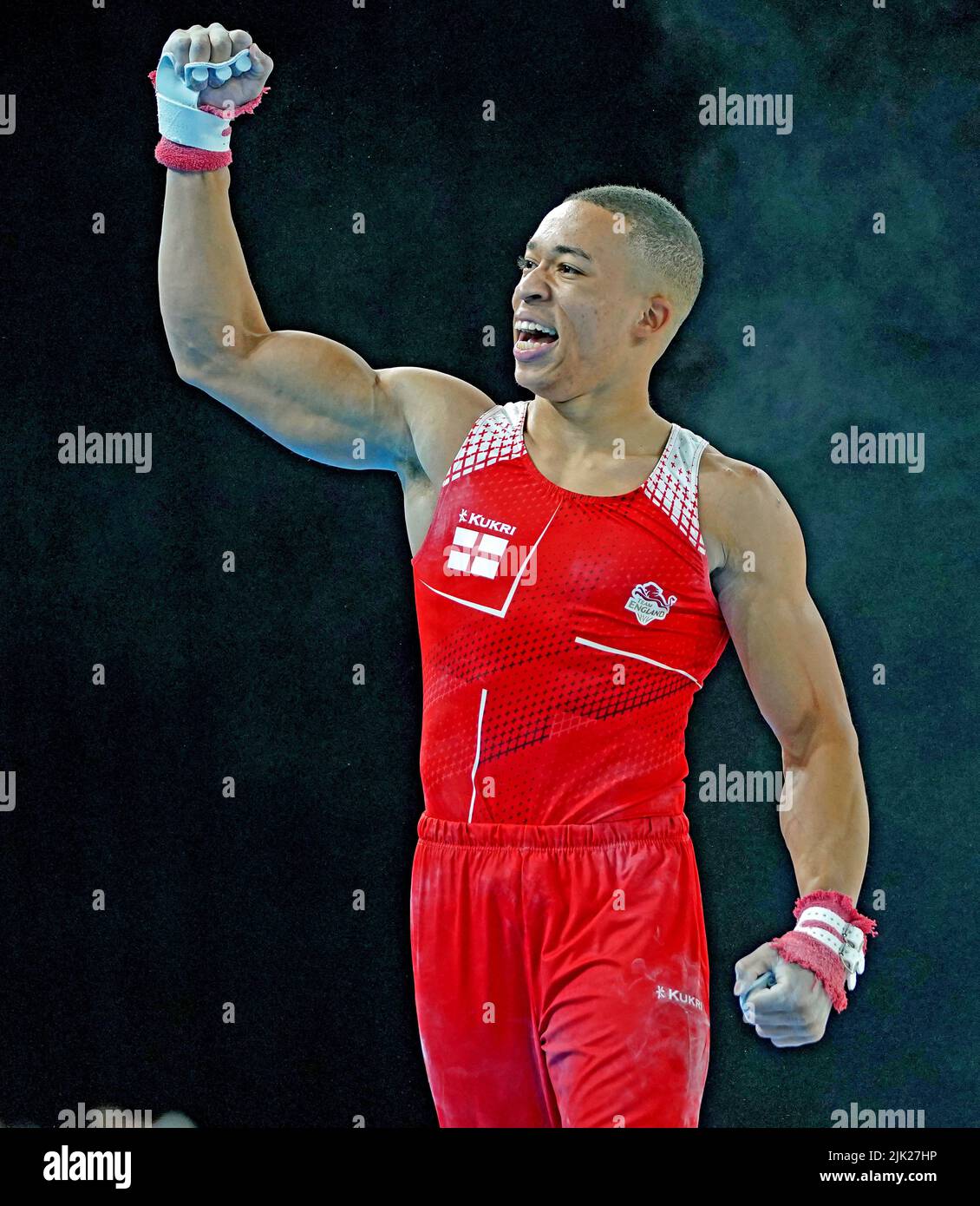 England's Joe Fraser celebrates after his bars rotation of the Men's ...
