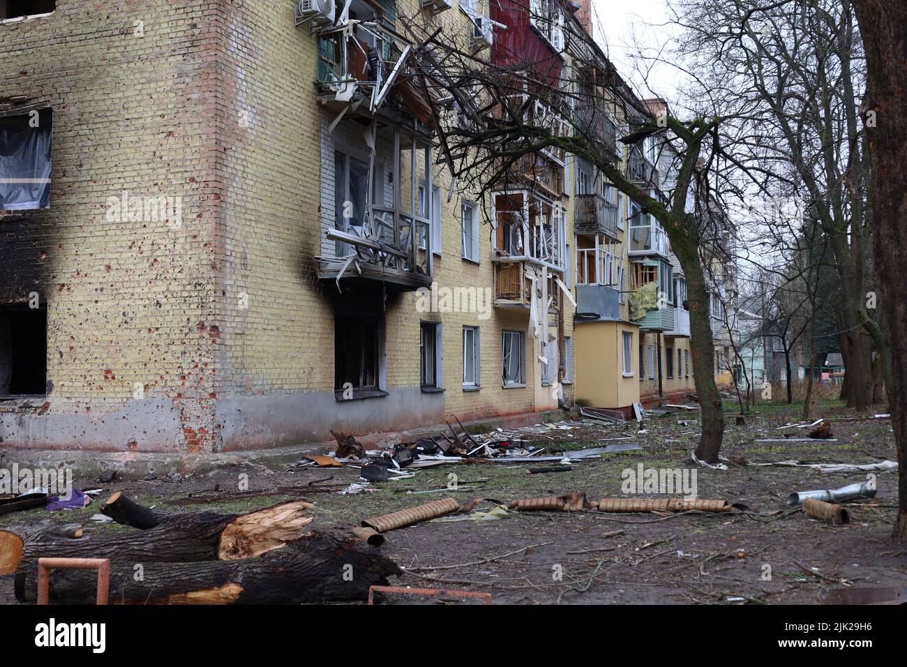 Consequences of artillery shelling, fire Stock Photo - Alamy