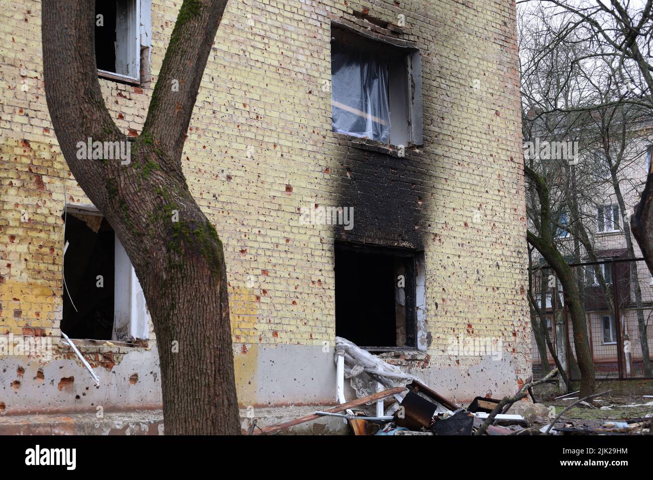 Consequences of artillery shelling, fire Stock Photo - Alamy