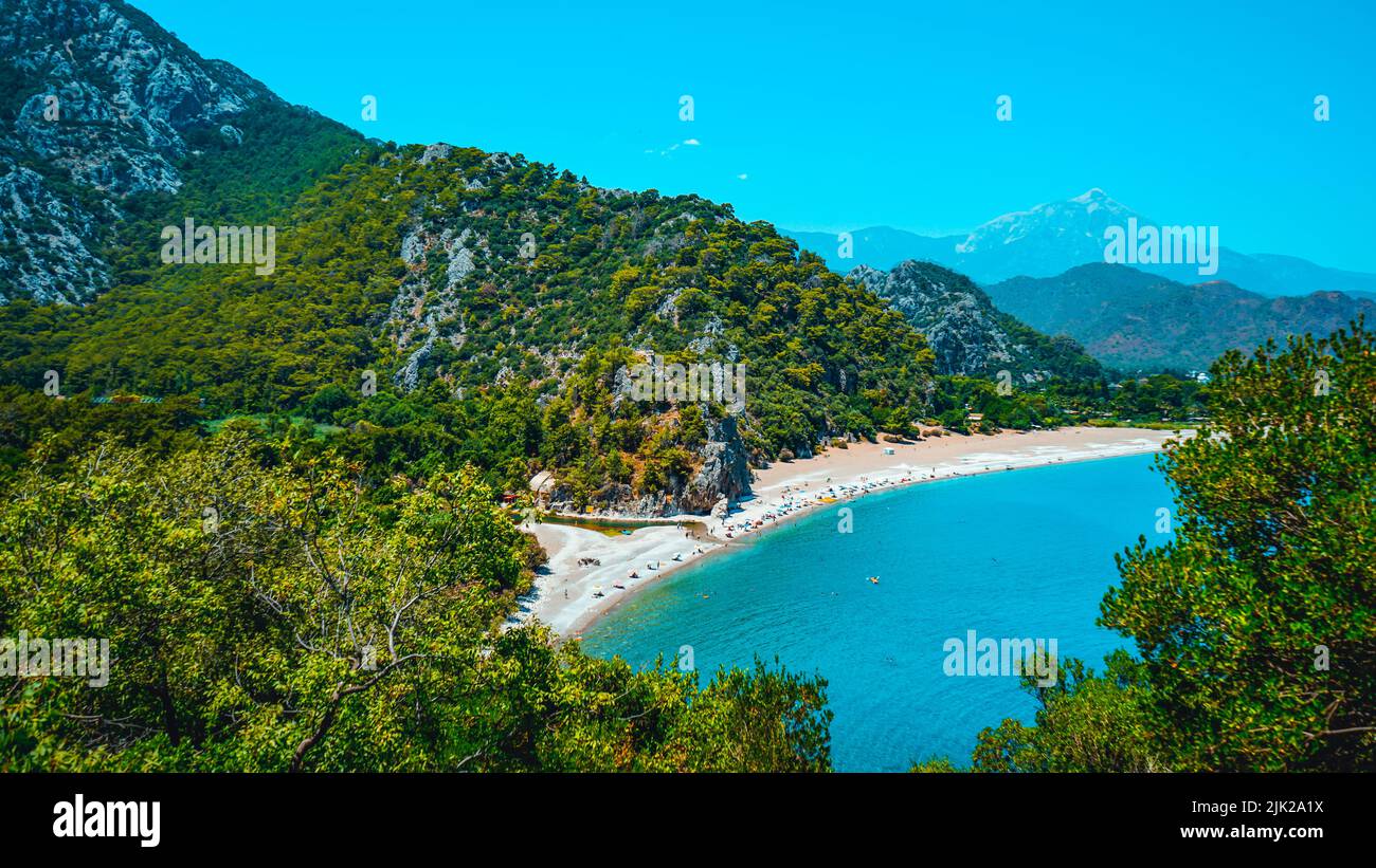 View of Cirali beach and Olimpos (Olympos) mountain in a sunset light ...