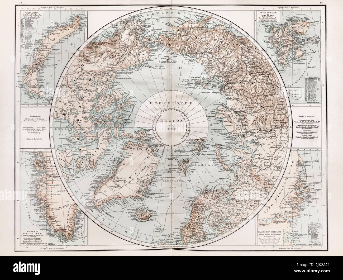 Old atlas map of North Pole / Arctic Ocean, 1896. There is increased ...