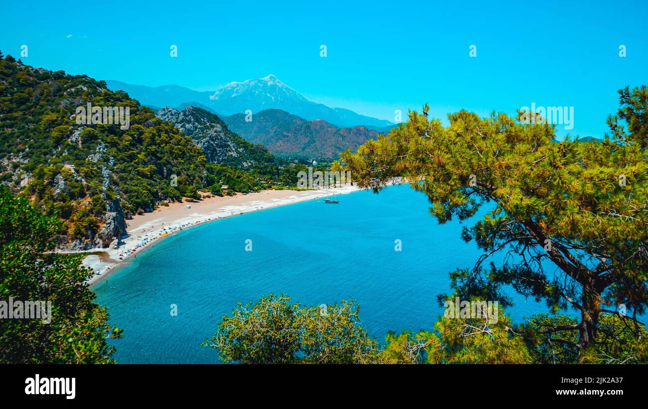 View of Cirali beach and Olimpos (Olympos) mountain in a sunset light ...