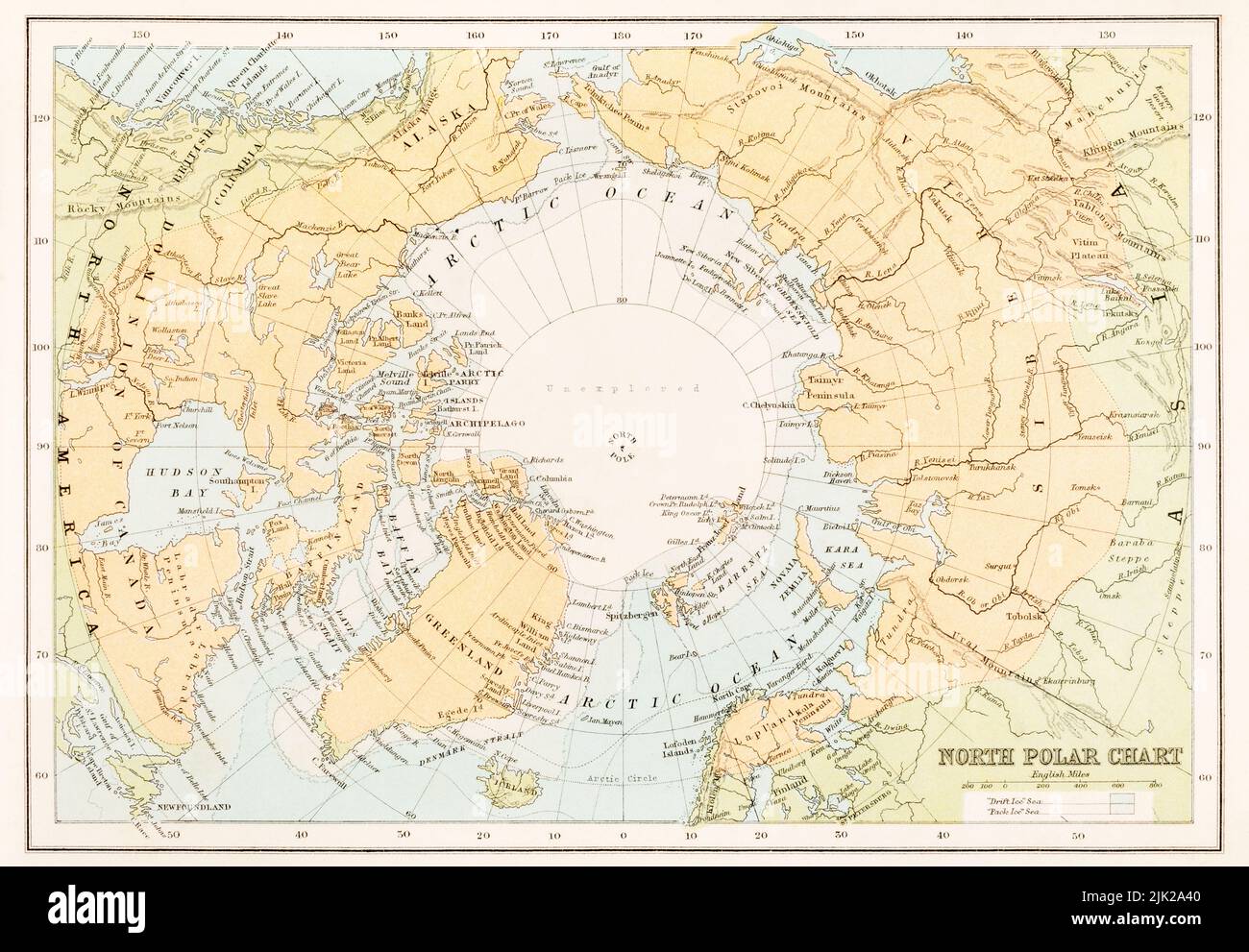 Old atlas map of North Pole / Arctic Ocean, c.1890s. There is increased ...