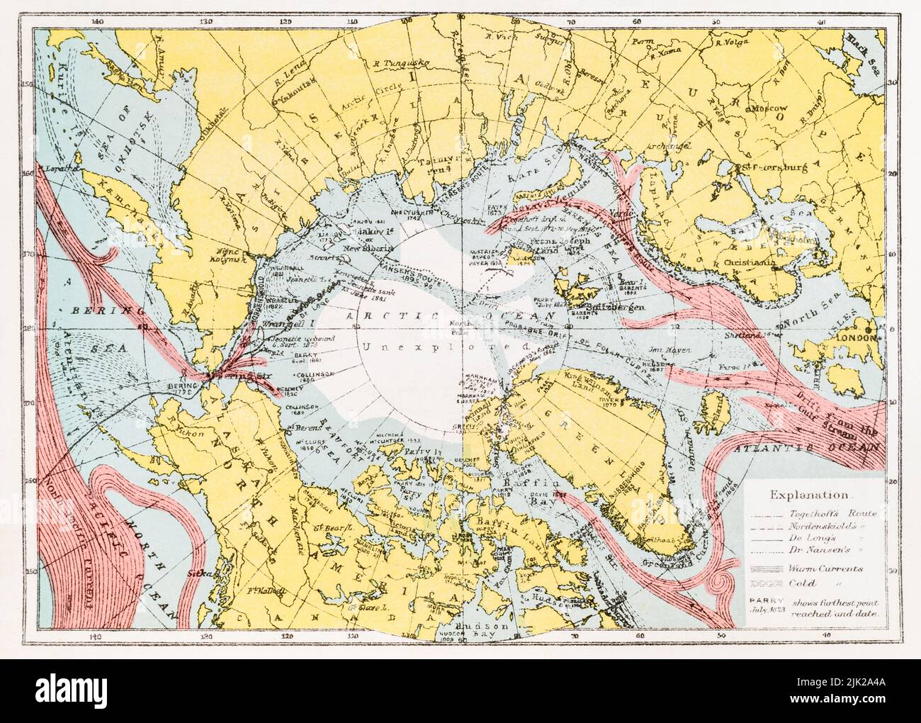 Old atlas map of North Pole / Arctic Ocean, c.1895. There is increased ...