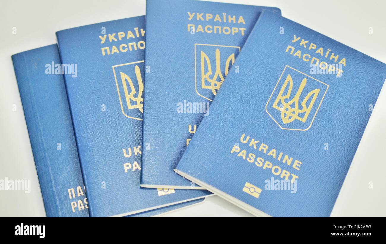 Ukrainian international biometric passport and bag for travel close up ...