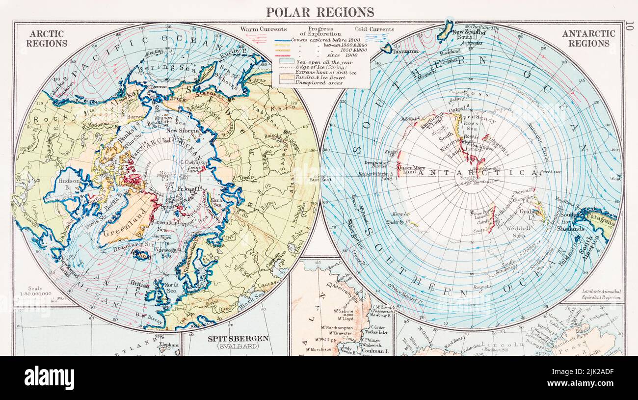 Old atlas map of North & South Poles in 1930 (See Notes). Increased ...