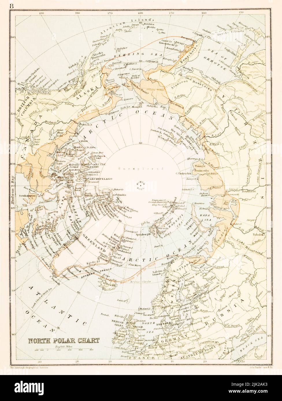 Old atlas map of North Pole / Arctic Ocean, c.1890s. There is increased ...