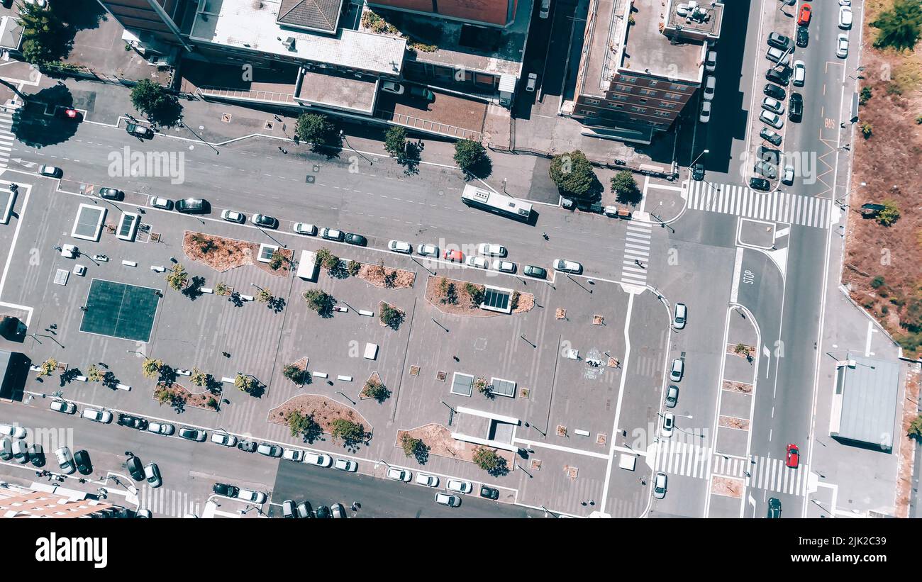 Top view with parking and road, when the vehicle passes by - moves ...