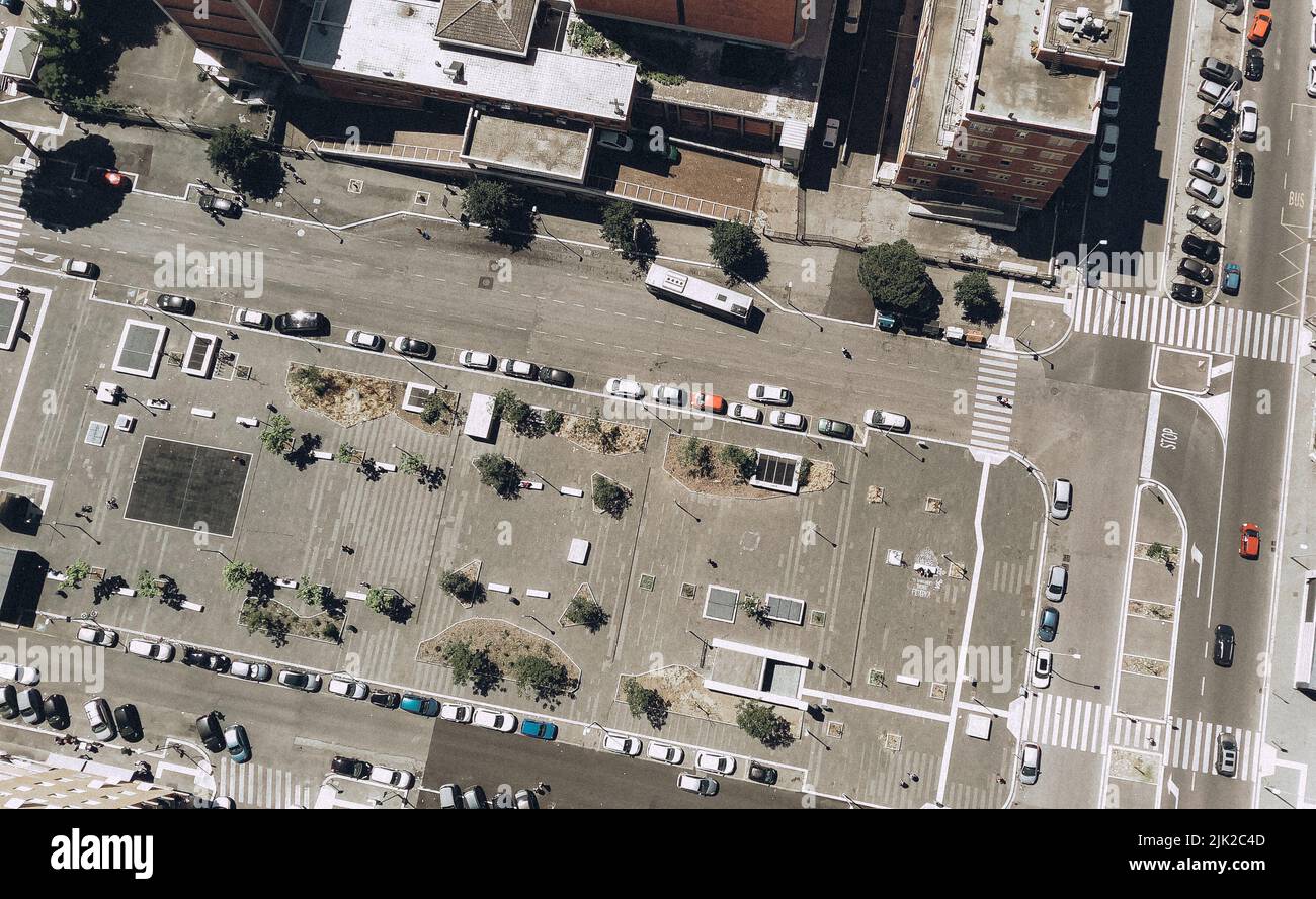 Top view with parking and road, when the vehicle passes by - moves ...