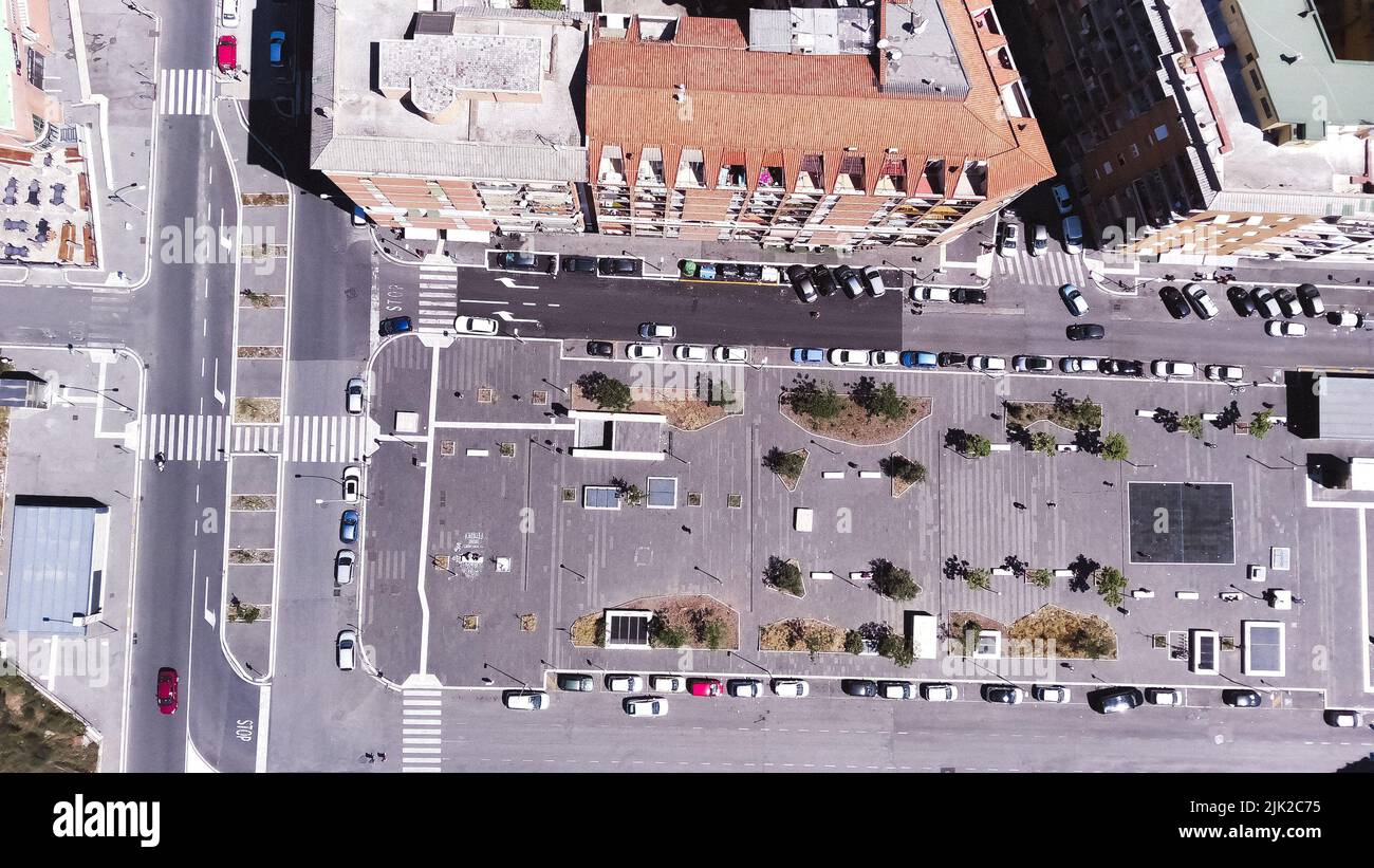 Top view with parking and road, when the vehicle passes by - moves ...
