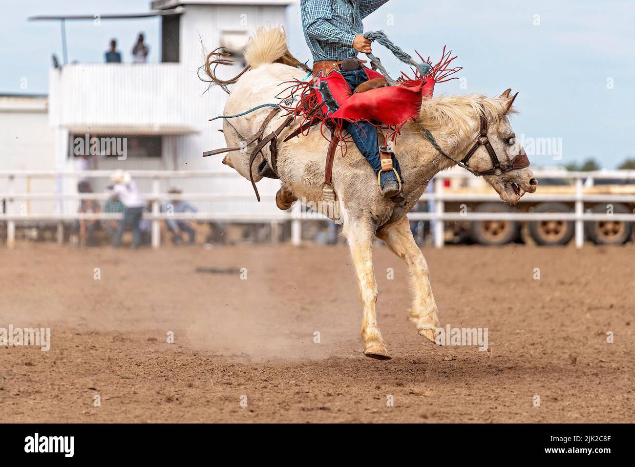 Cowboy riding a bucking bronc at a country rodeo Australia Stock Photo ...