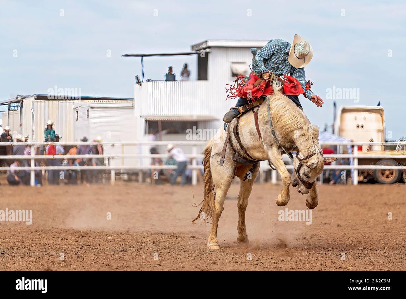 Cowboy riding a bucking bronc at a country rodeo Australia Stock Photo ...