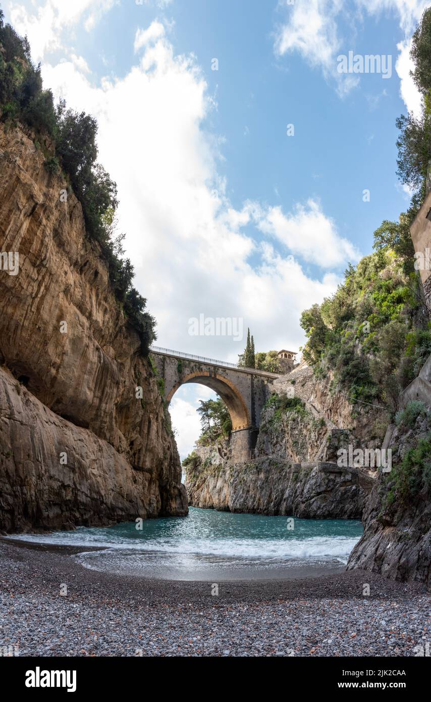 Scenic arch bridge at the Fjord of Fury, Amalfi Coast of Southern Italy ...