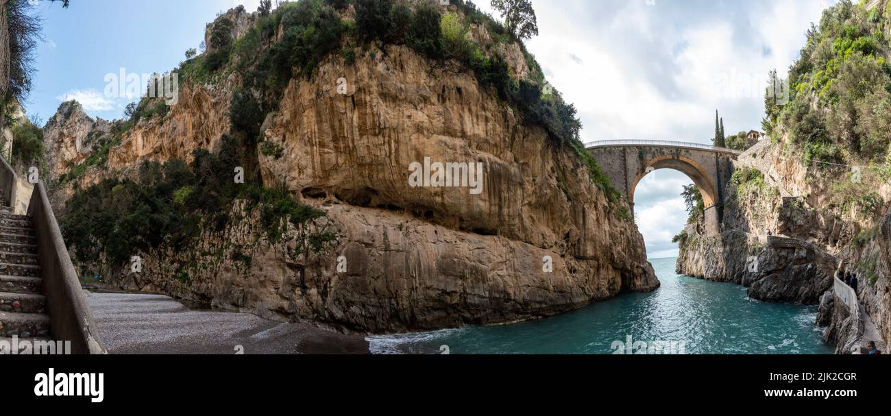 Scenic arch bridge at the Fjord of Fury, Amalfi Coast of Southern Italy ...