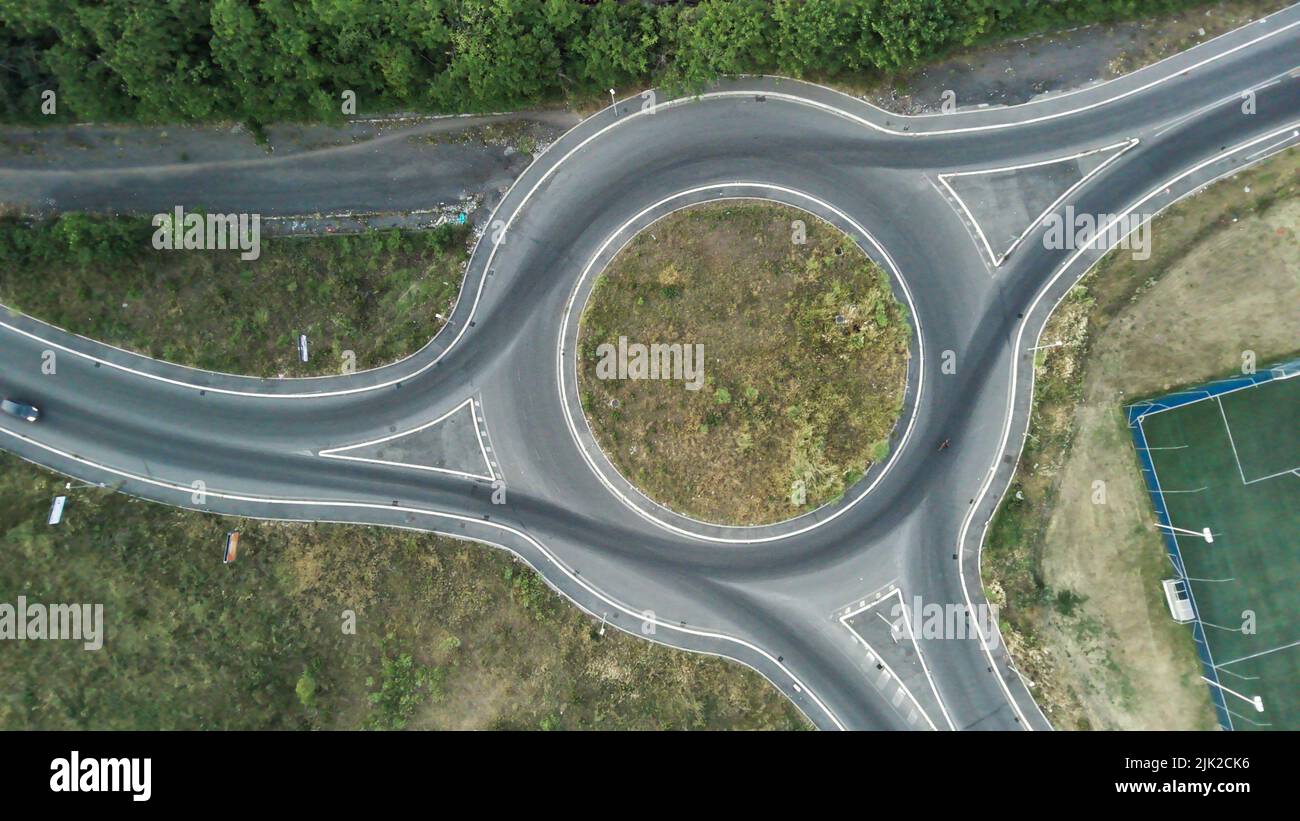 Roundabout, aerial view. Road infrastructure. Sunny summer day. View ...