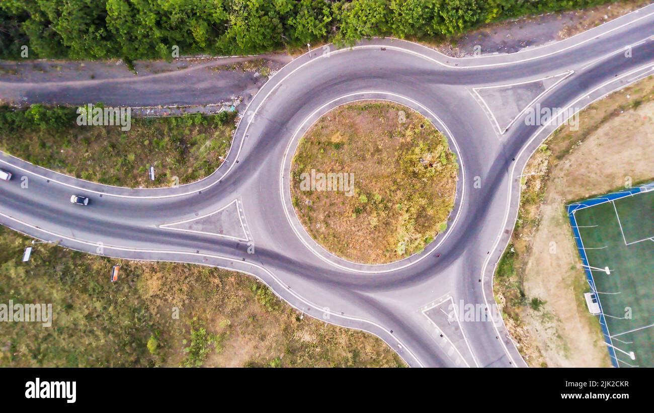 Roundabout, aerial view. Road infrastructure. Sunny summer day. View ...