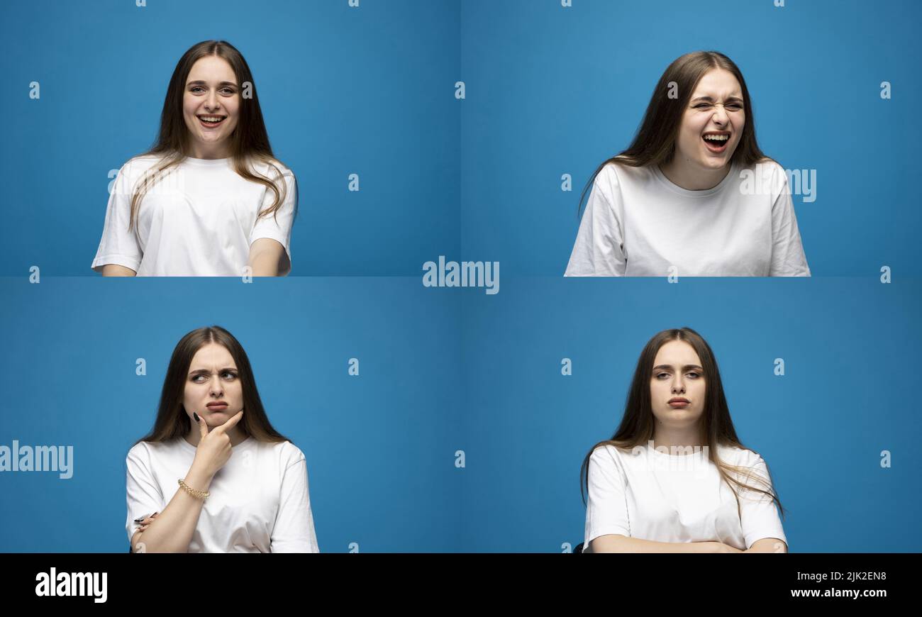 Collage photo with four different happy and sad emotions in one young ...