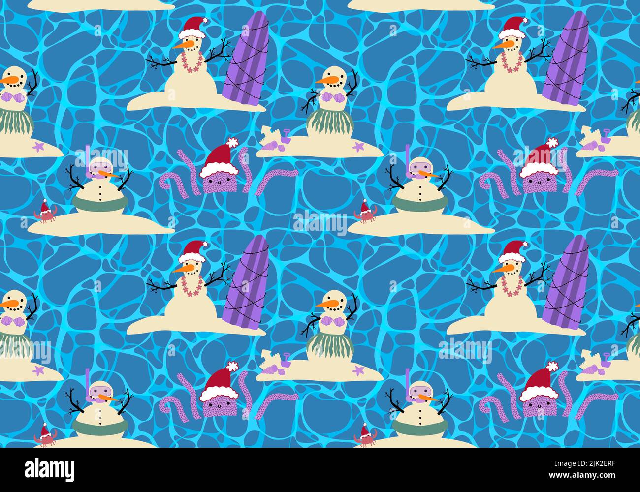Christmas on the beach seamless snowman and ocean pattern for wrapping ...