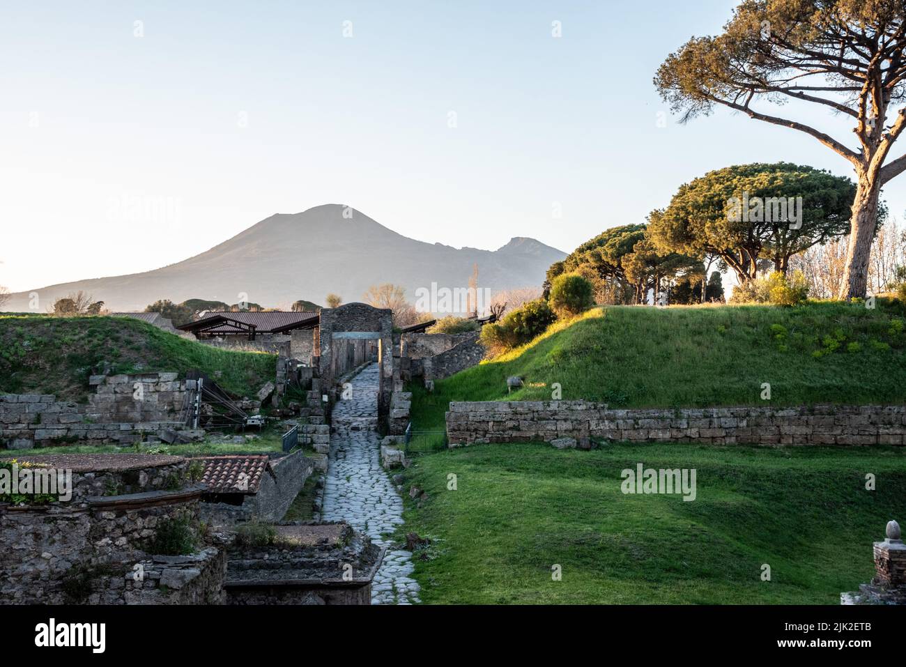 Early morning, a road leading to the ancient city remains of Pompeii ...