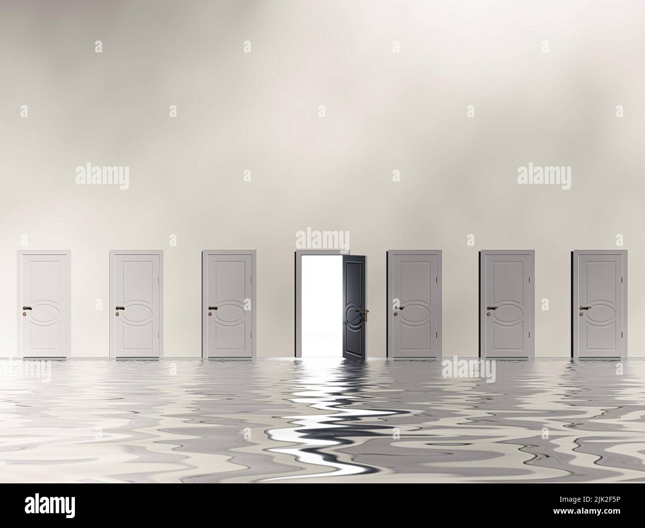 Single open door remits light in huge white wall in white space. 3D ...