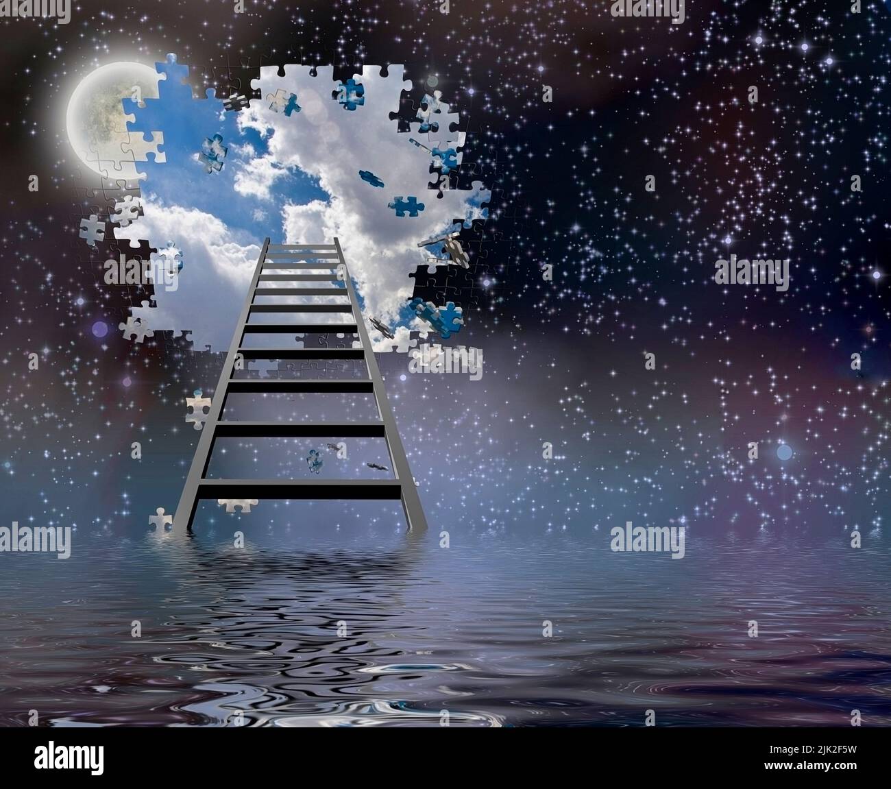 Ladder to Hole in Night Sky Reveals Day Time Skies. 3D rendering Stock ...