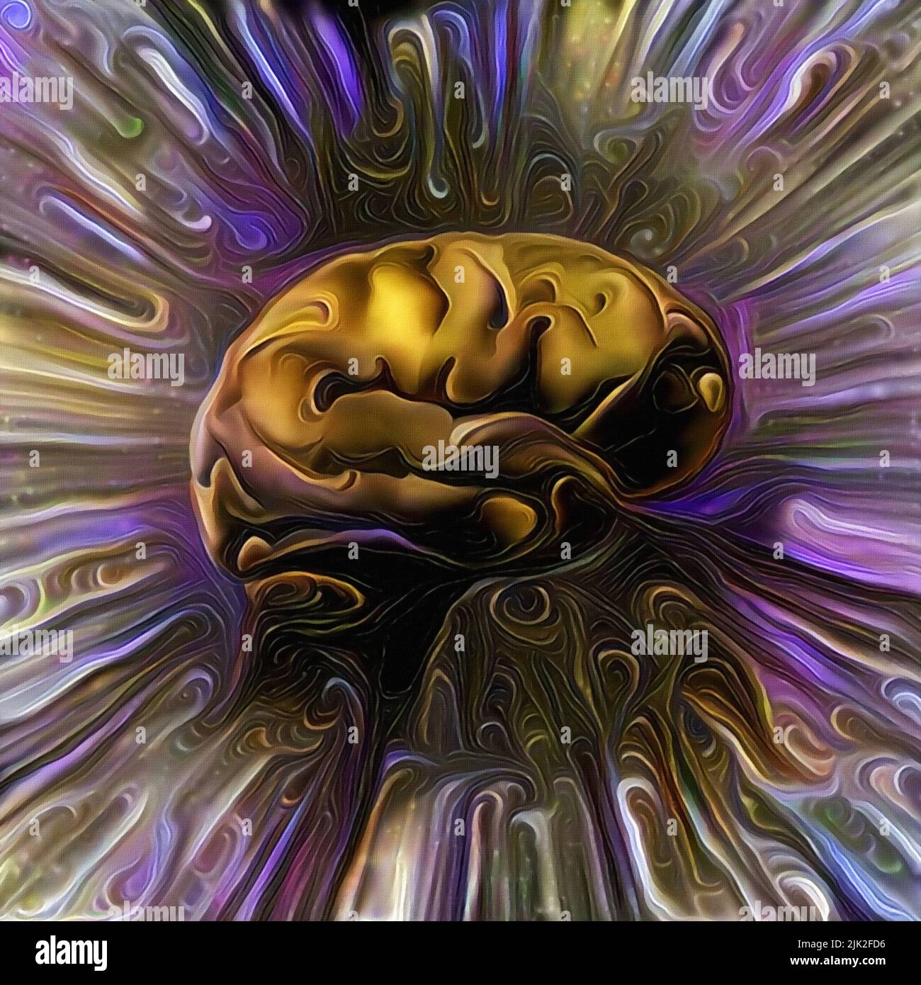 Human brain radiates electric charges in circle of fire. 3D rendering ...