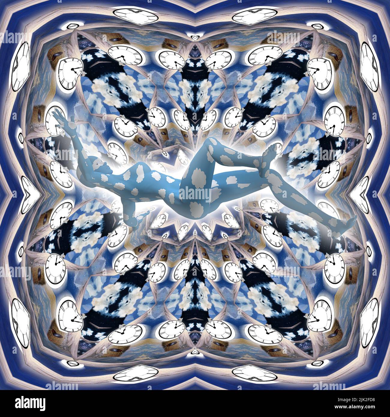 Kaleidoscope of clocks. Figure of woman falls down. 3D rendering Stock ...