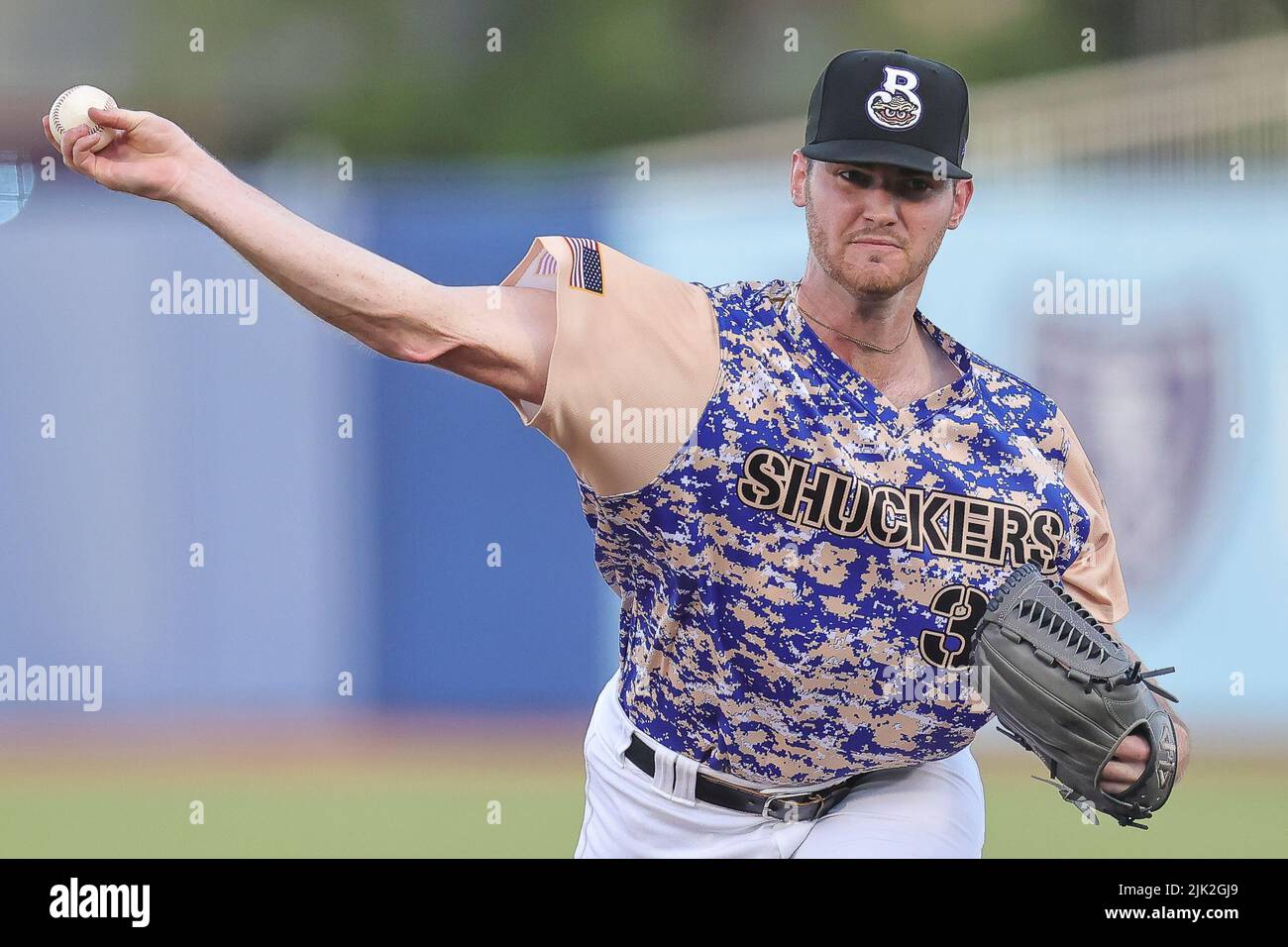 Biloxi, Mississippi, USA. 27th July, 2022. Biloxi Shuckers pitcher TJ ...