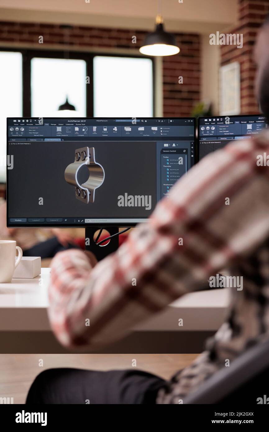 Digital engineer manufacturing gears model, wokring on technical product construction with ...