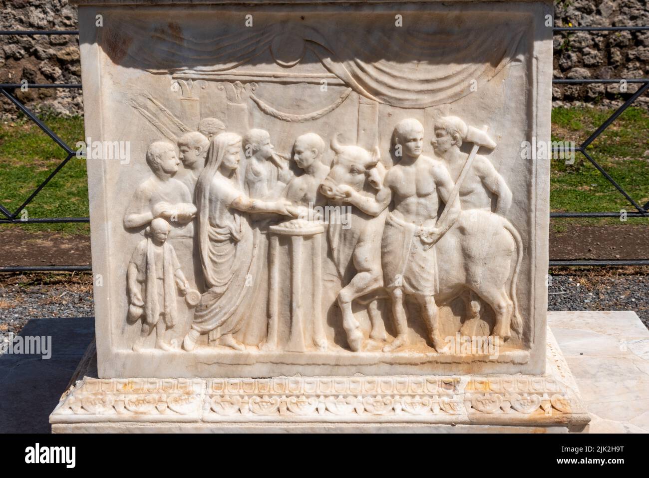 fresco on an ancient marble altar in the Roman city of Pompeii ...
